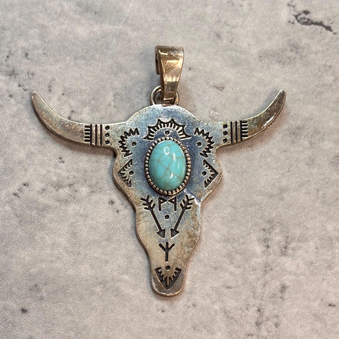 Western Longhorn Pendant Necklace – Turquoise Stone Steer Skull Charm ...