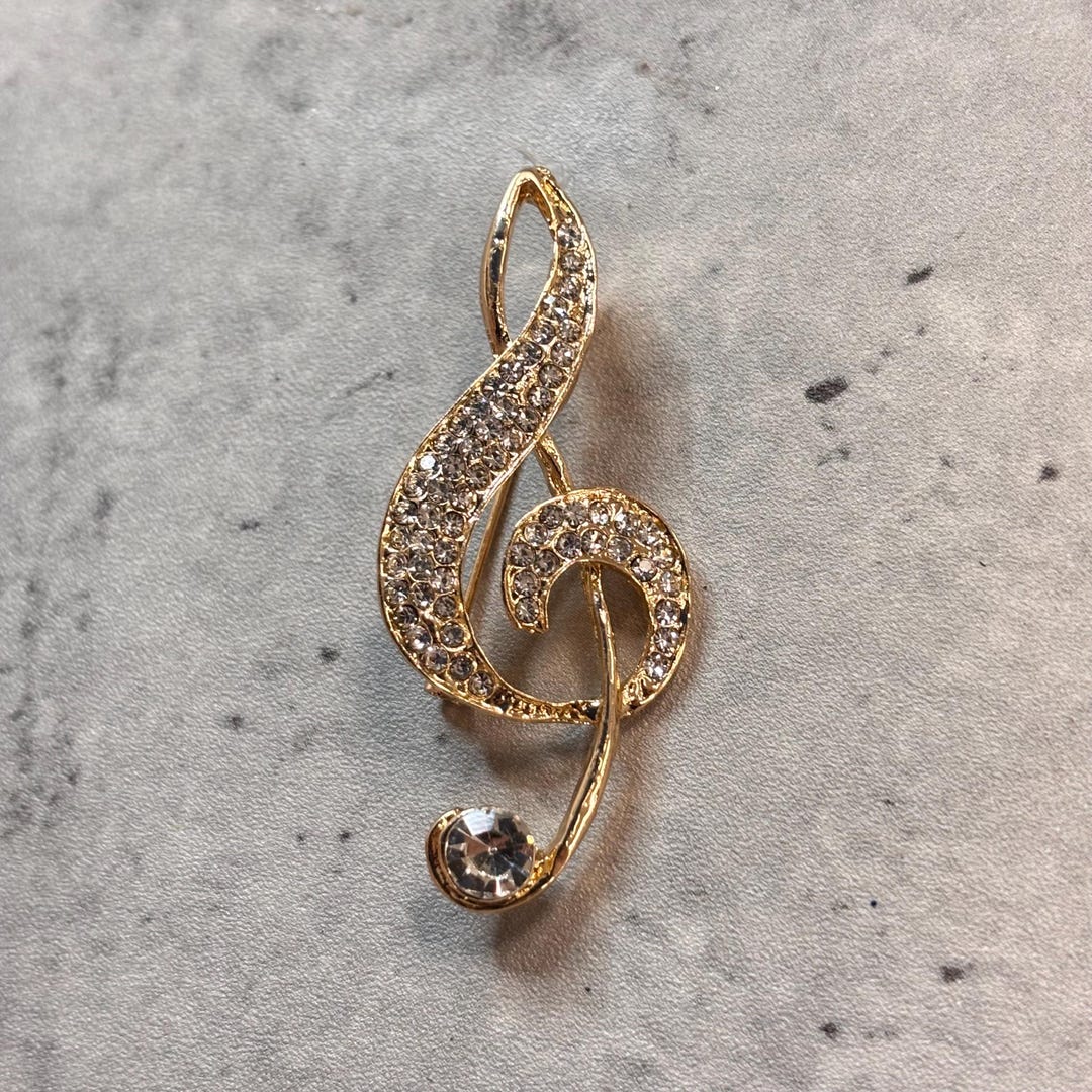 Gold Tone Treble Clef Brooch, Rhinestone Music Note Pin, Musical ...