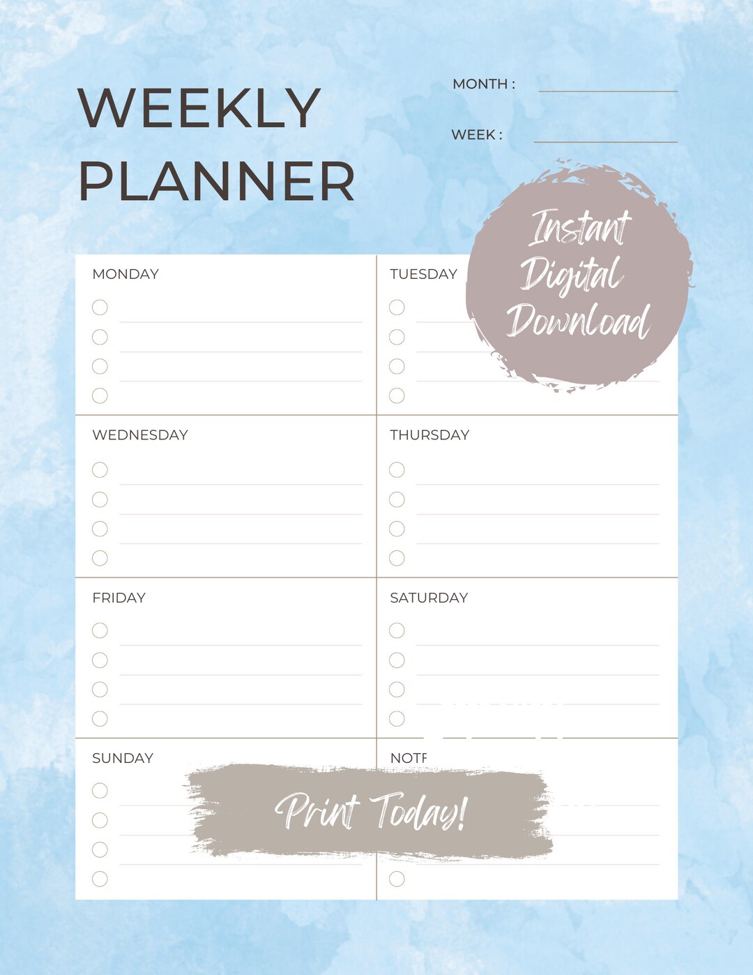 Minimalist Blue Weekly Planner Daily Planner Organization Instant ...