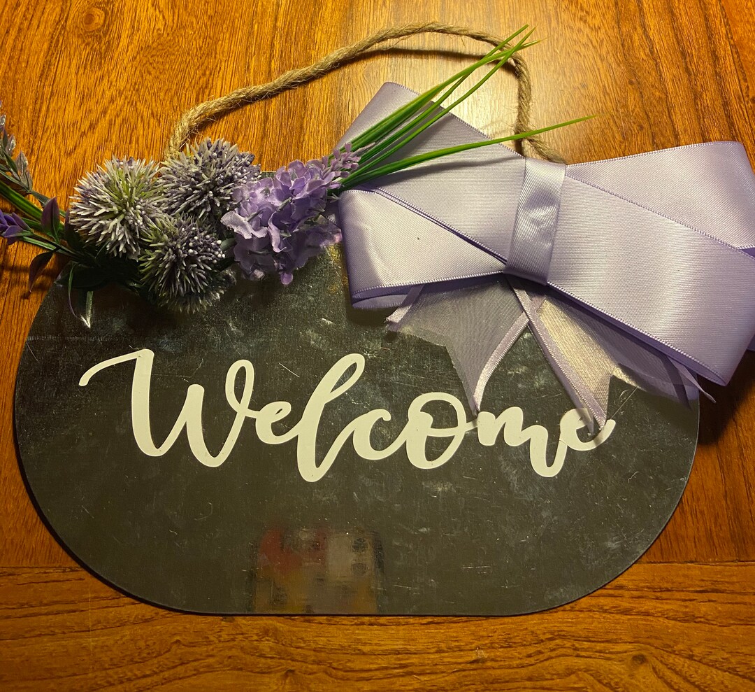 Galvanized Metal Welcome Sign With Purple Flower Accent and Bow - Etsy