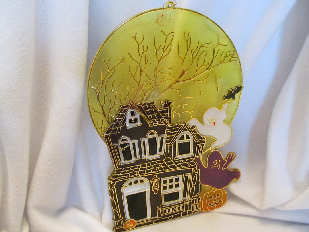 Vintage Halloween Suncatcher, Haunted House, Ghost, Moon & Tree ...