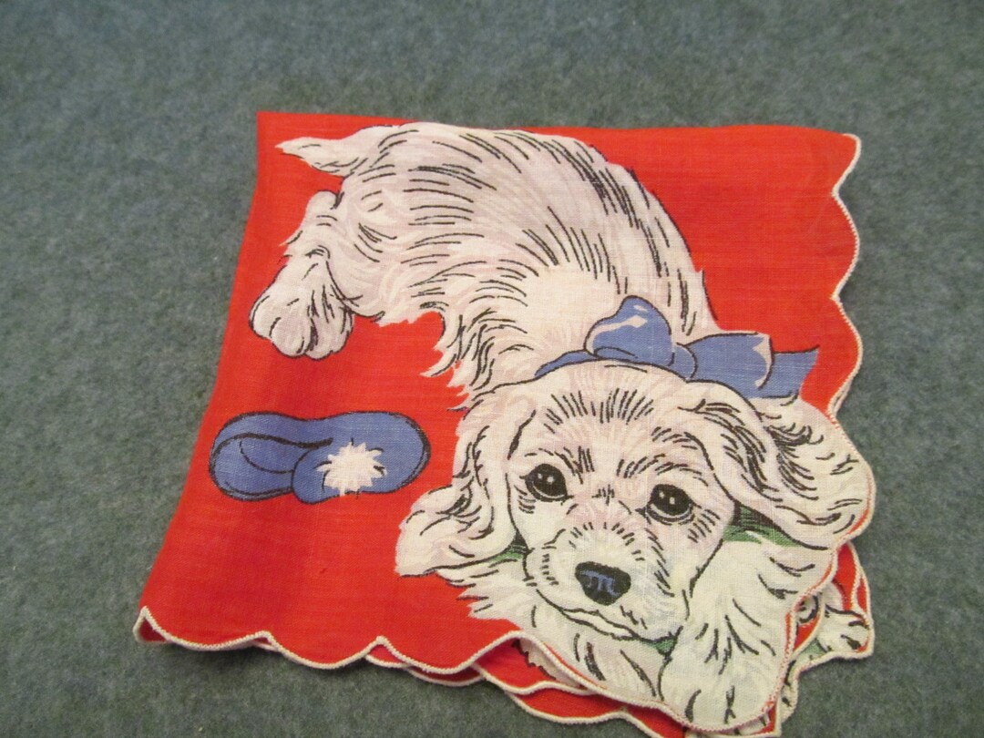 One Cute Puppy Dog Childs Hanky From the 1950's, Vintage Red Hanky With ...
