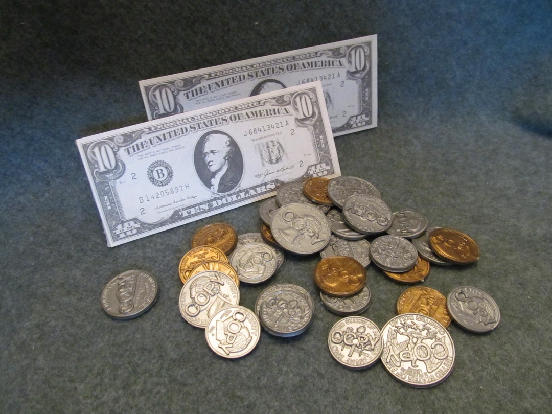 Two Paper Play Ten Dollar Bills , Bunch of Plastic Coins , Pretend Play ...