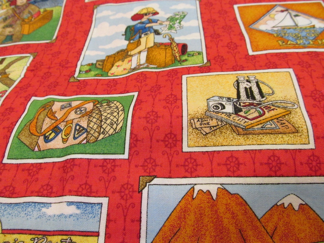 Mary Engelbriet Travel Print Fabric, Cute Travelers on a Red Background ...
