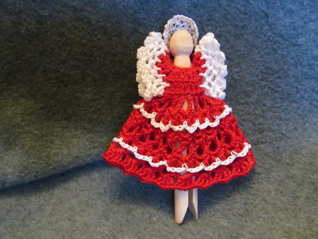 Clothes Pin Angel Christmas Tree Trimming, Red Holiday Angel Decor, Hand Crocheted Angel With ...