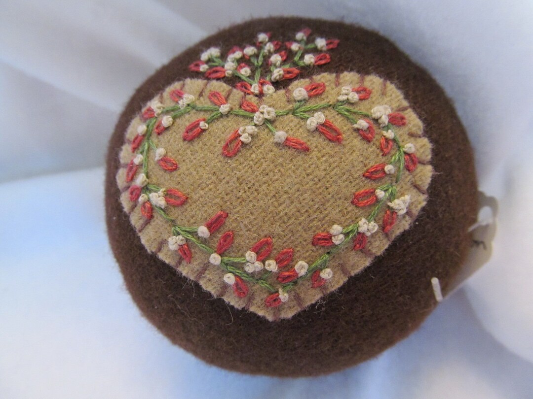 Brown Wool Hand Made Pincushion, Hand Embroidered Pincushion, Sewing ...