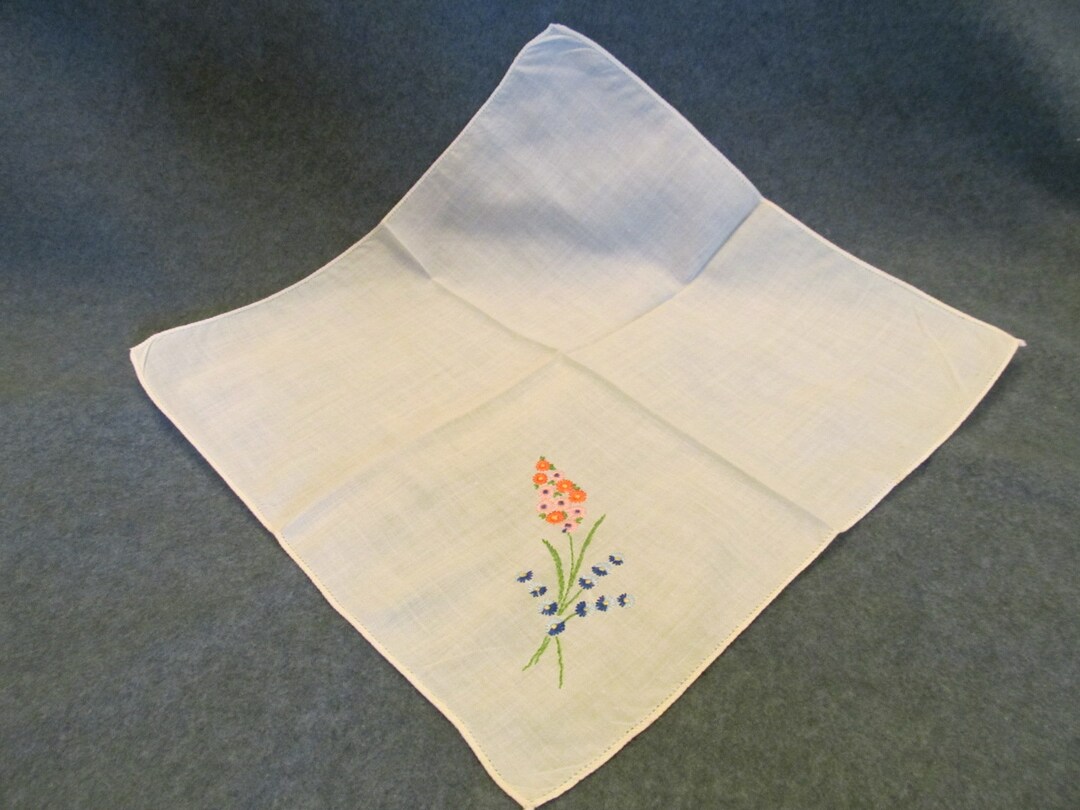 Off White Hanky With Hand Stitched Flower Design, Vintage Hanky ...