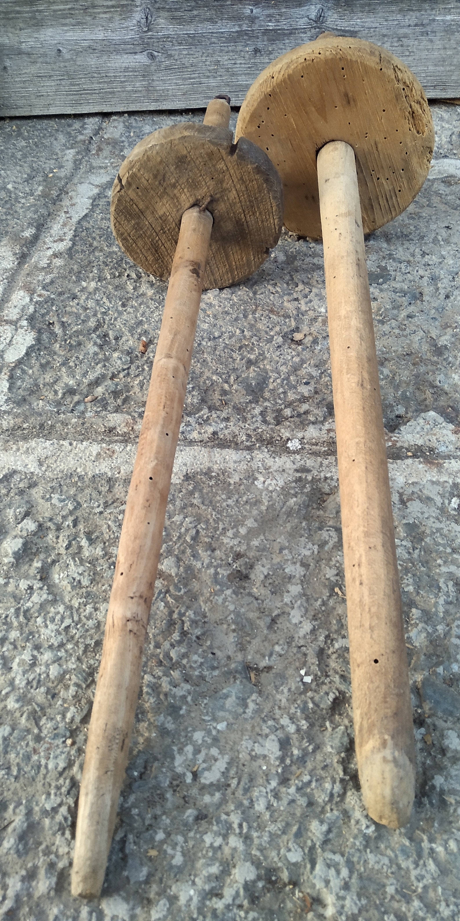 Set of 2 Antique Hand Carved Wooden Spindles, Primitive Wooden Spinning ...