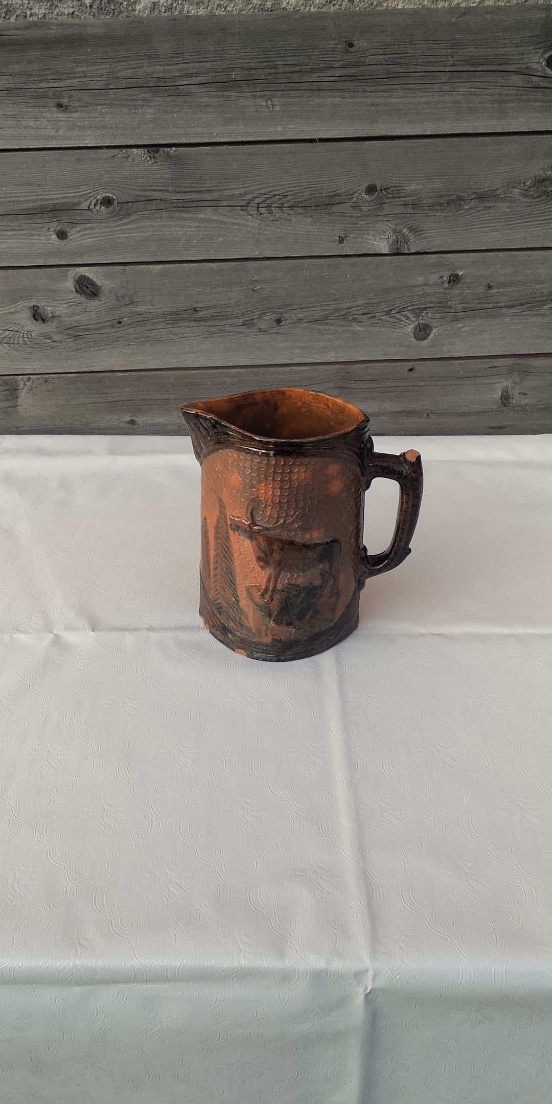 Vintage Handmade Ceramic Jug With Deer, Clay Wine Pitcher, Handpainted ...