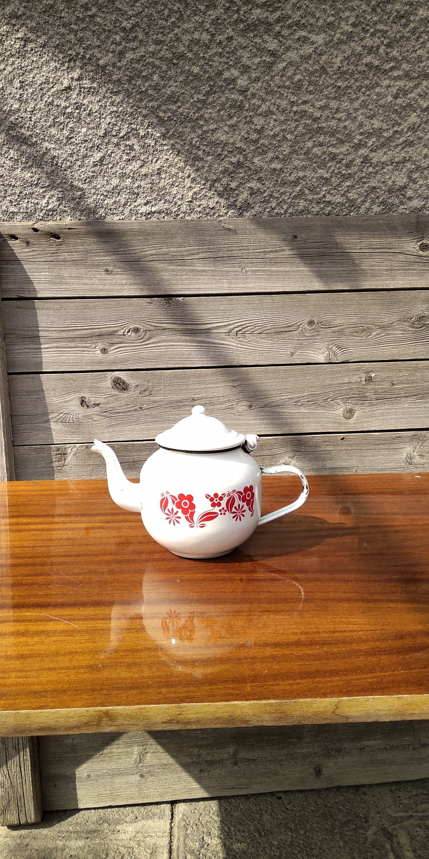 Vintage White Enamel Kettle With Red Flowers, Old Stovetop Kettle, Tea ...