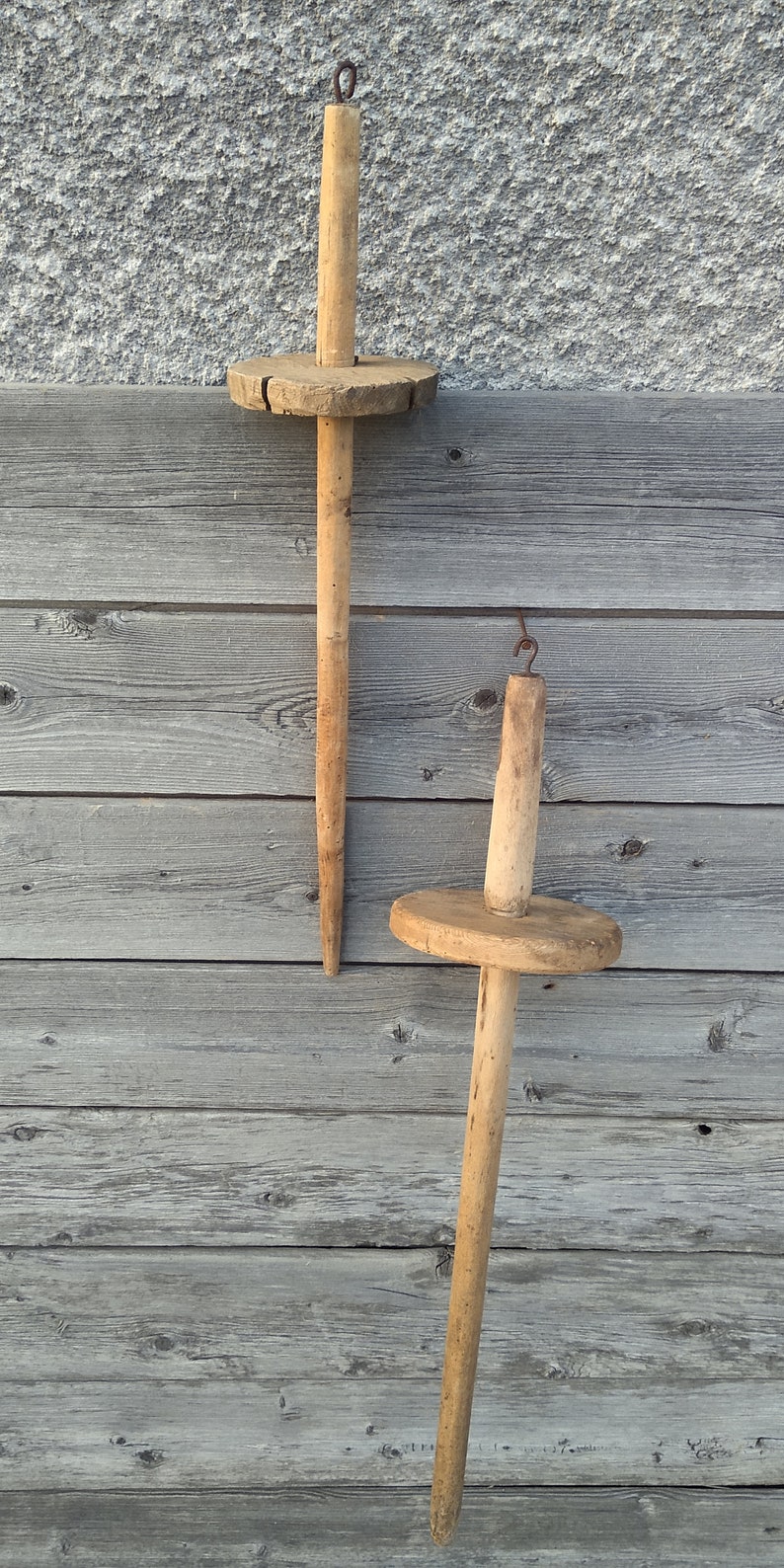 Set of 2 Antique Hand Carved Wooden Spindles, Primitive Wooden Spinning ...