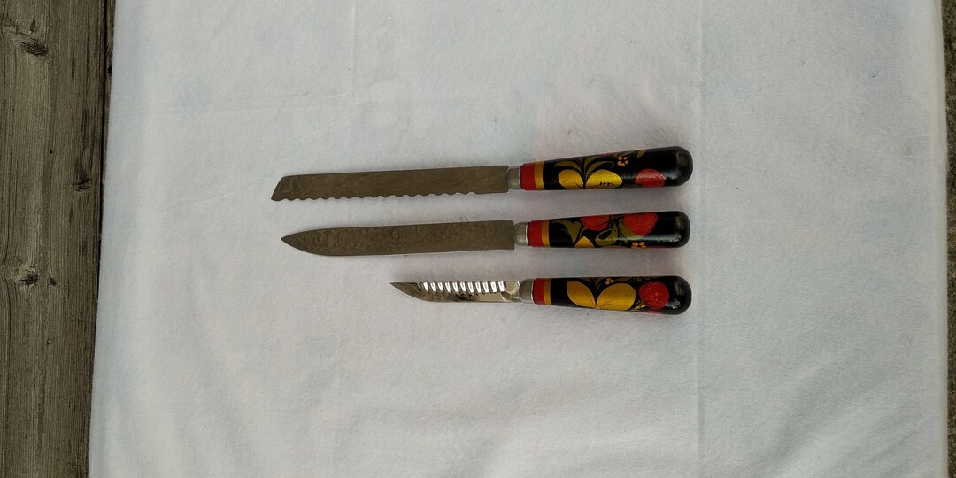 Set of 3 Vintage Russian Knifes, Khokhloma Hand-painted Wooden Handles ...