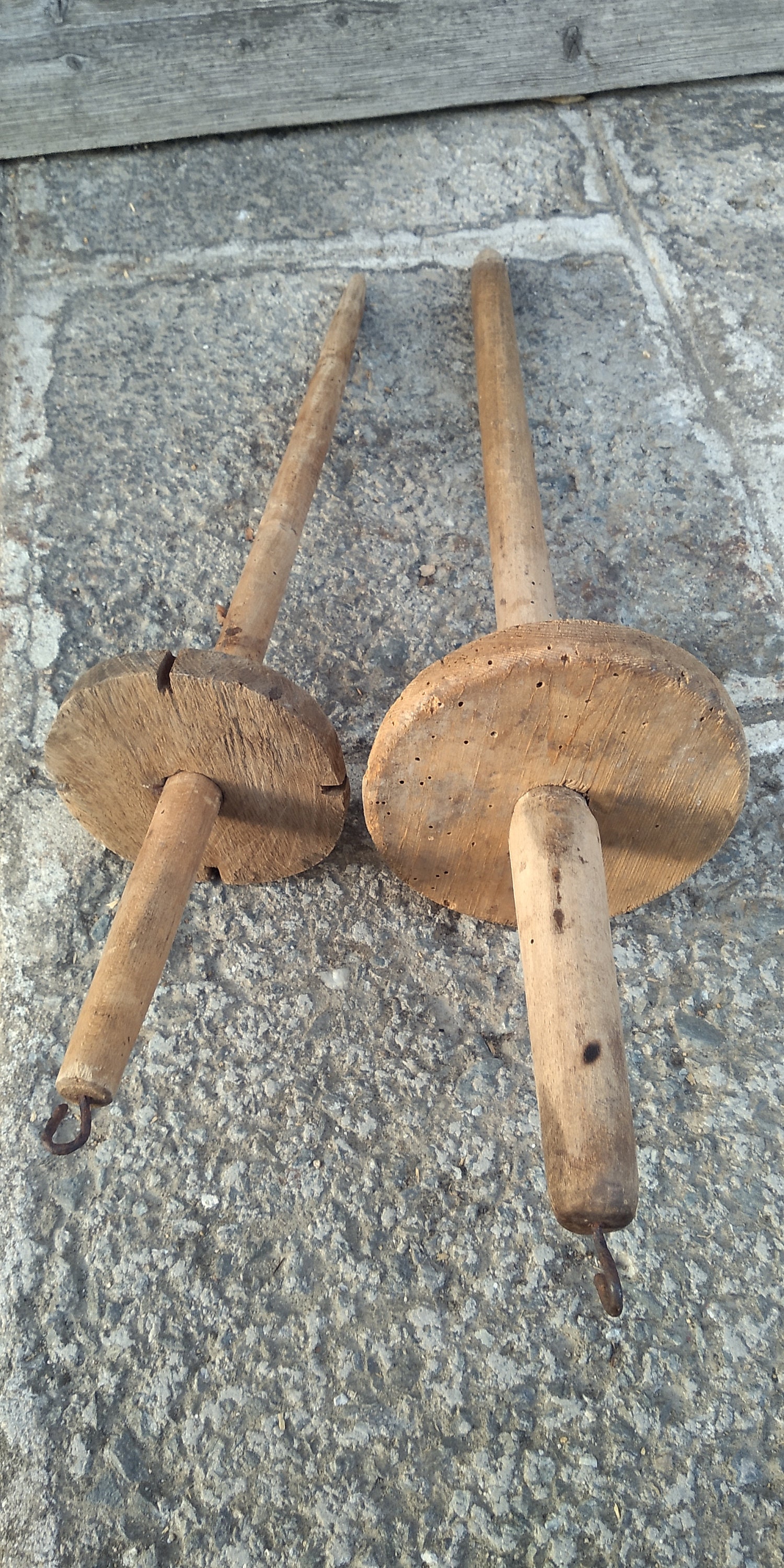 Set of 2 Antique Hand Carved Wooden Spindles, Primitive Wooden Spinning ...