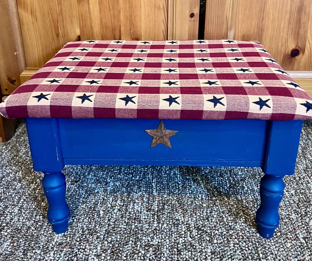 Footstool, Repurposed With Primitive Americana Fabric and Wood Painted ...