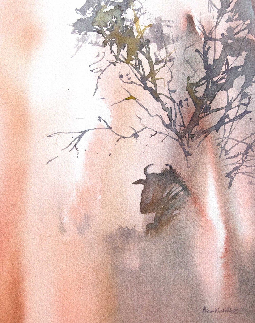 Wildebeest Art, Original Watercolor, Wildlife Painting, Conservation ...