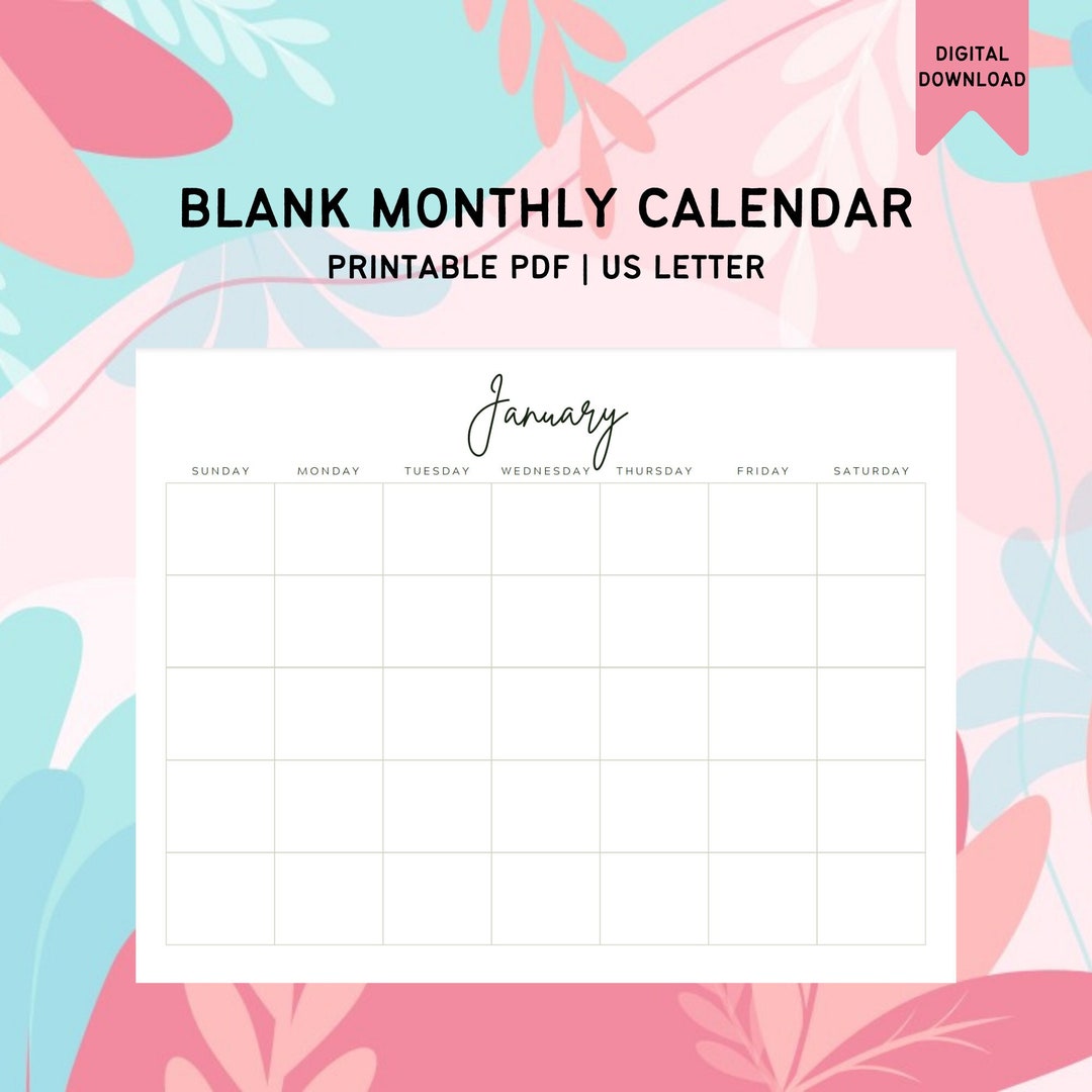 Blank Undated Monthly Calendar, Simple Calendar, Horizontal Printable ...