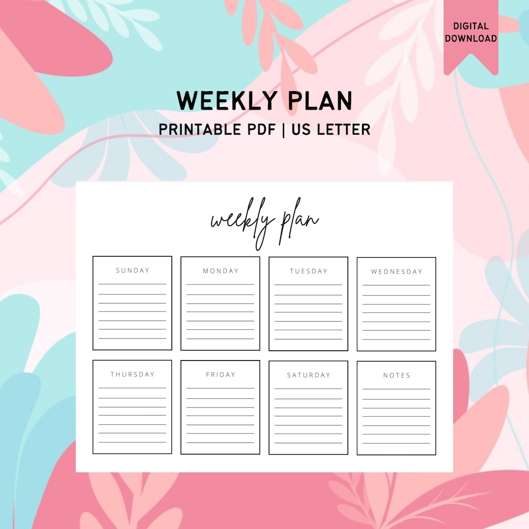 Weekly Plan Blank Calendar, Weekly Calendar, Horizontal Printable ...