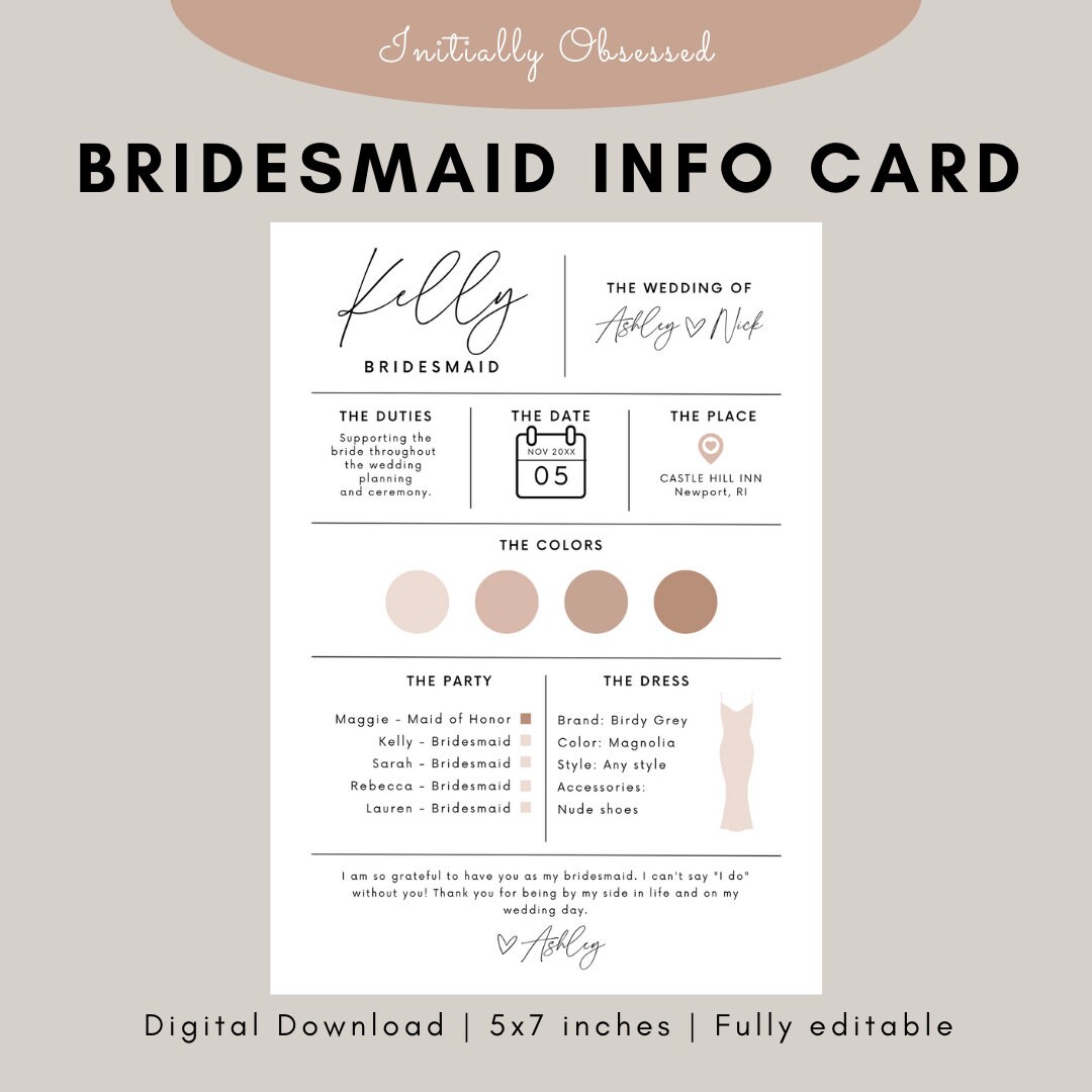 Bridesmaid Information Card Template, Modern Minimal Bridesmaid Card ...