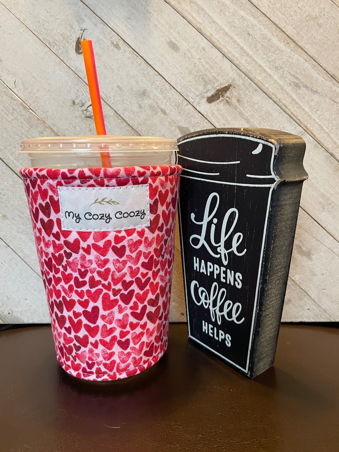 Red Foil Hearts Iced Coffee Cozy Reusable Insulated Fabric Coffee ...