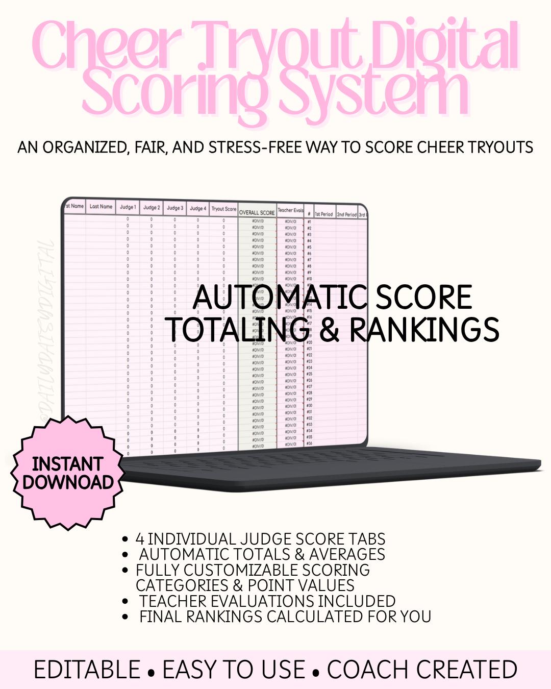 Cheer Tryout Scoring Spreadsheet | Auto-calculating Judges & Teacher ...
