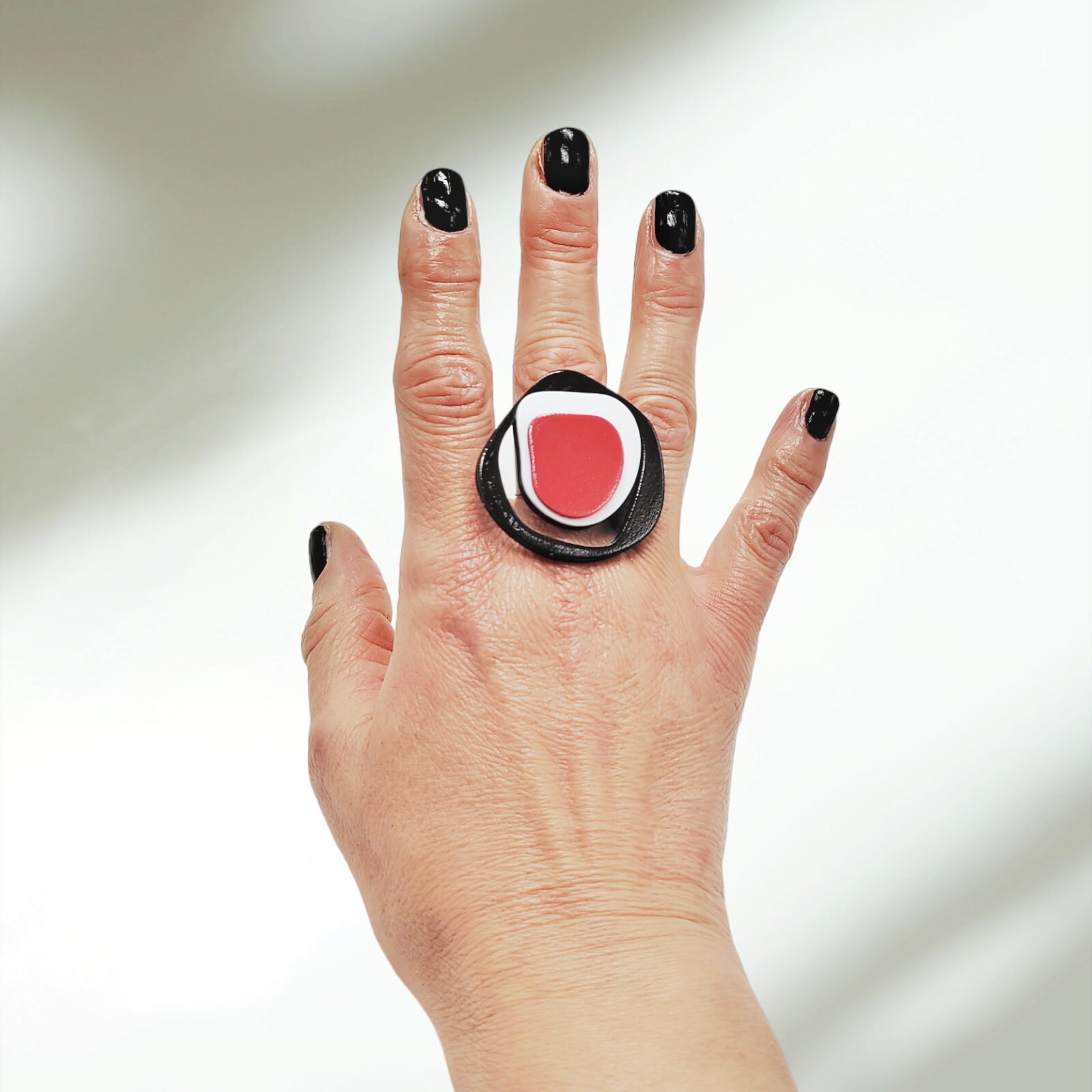 Cocktail Chunky Ring, Statement Adjustable Black Red White Ring, Big ...