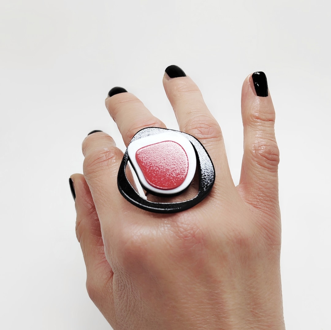 Cocktail Chunky Ring, Statement Adjustable Black Red White Ring, Big ...