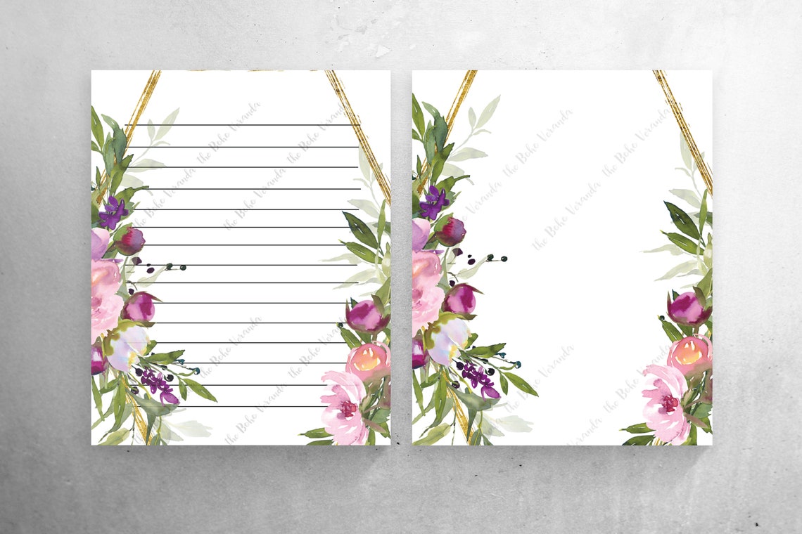 Printable Stationery Instant Download Pink Purple Floral Stationery ...
