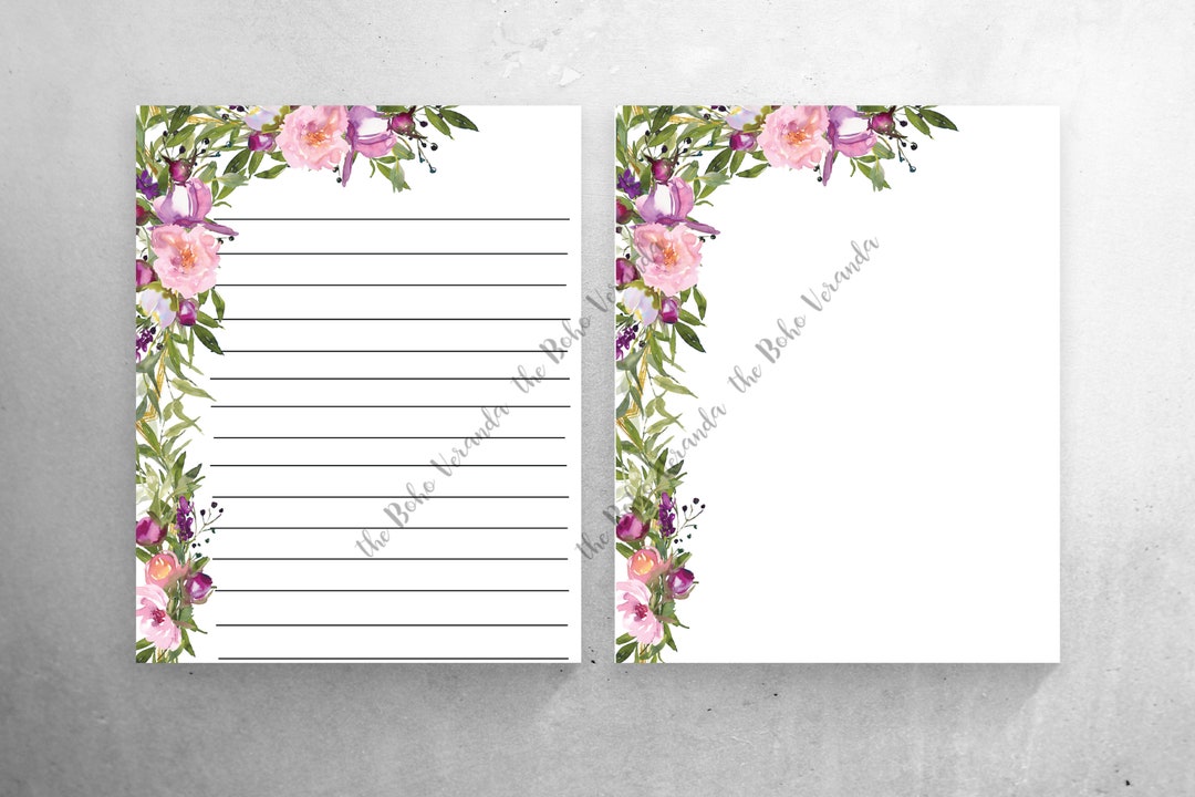 Printable Stationery Instant Download Pink Purple Florals - Etsy