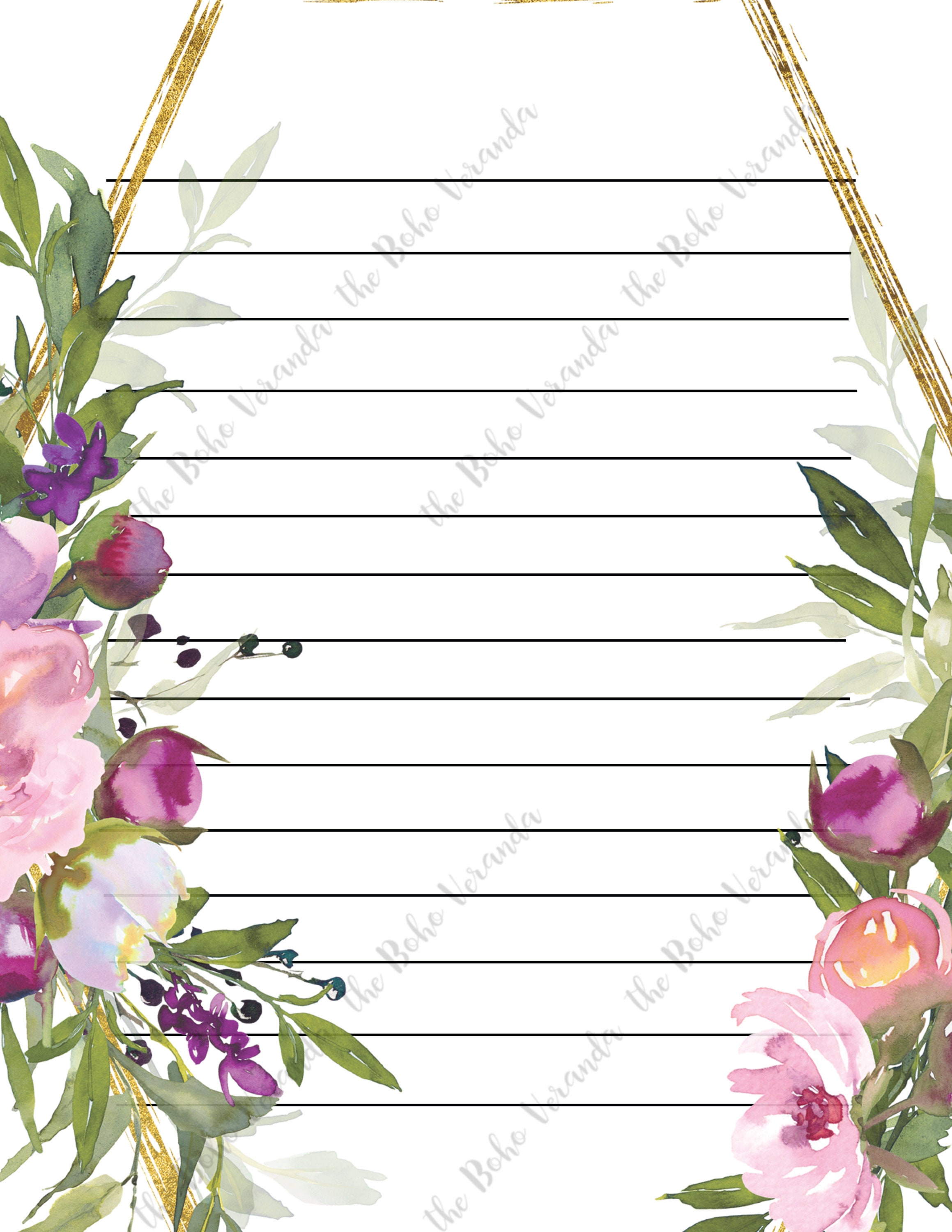 Printable Stationery Instant Download Pink Purple Floral Stationery ...