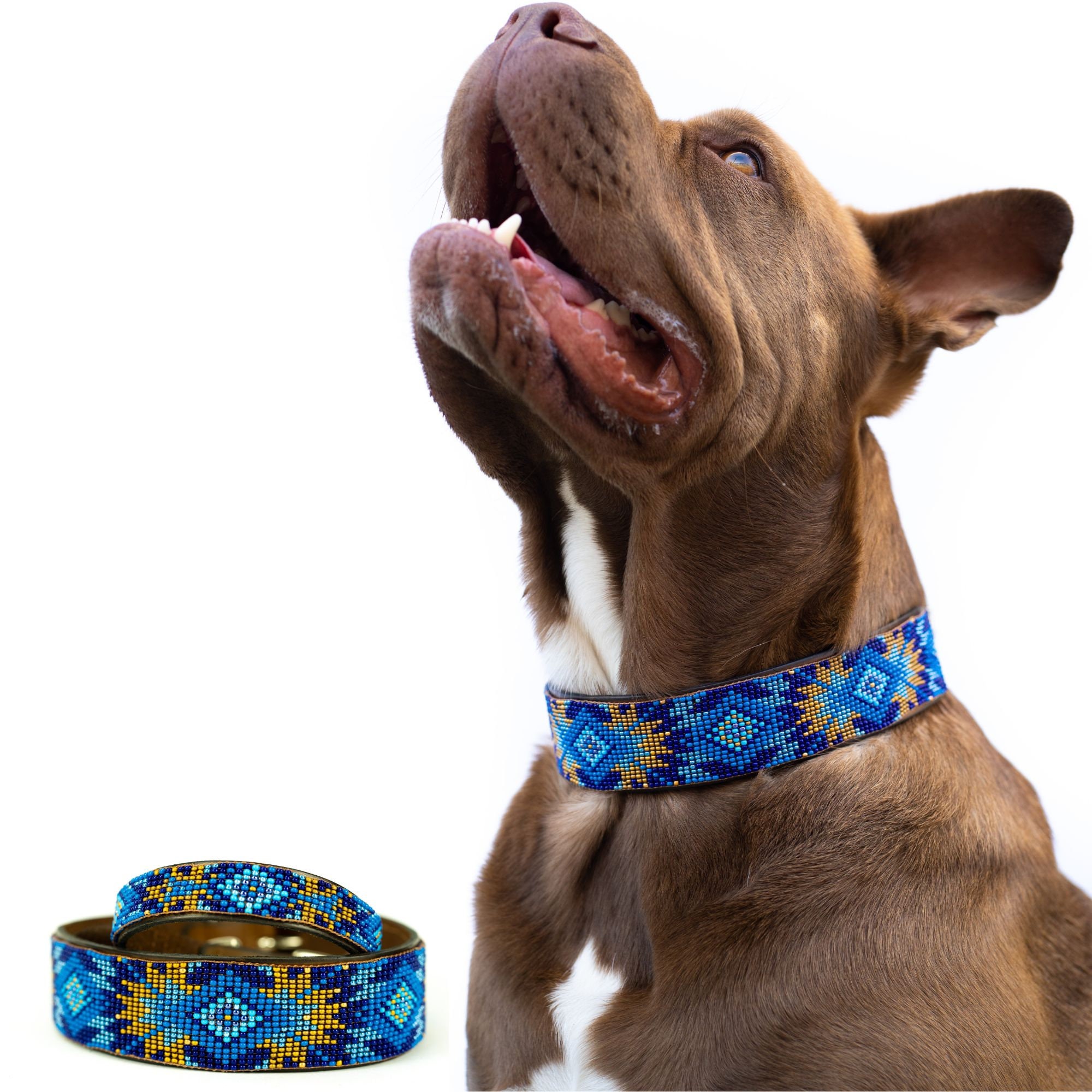 Beaded Leather Dog Collar Native Aztec Design Blue Dog - Etsy