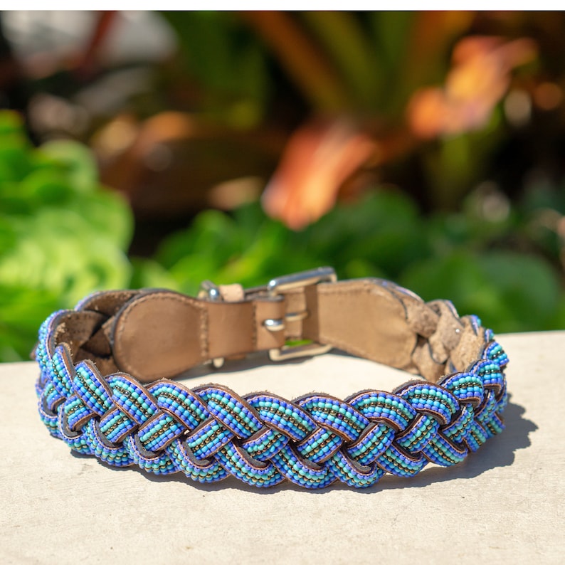 Braided Beaded Leather Dog Collar: Handmade Blue Vogue Design - Etsy