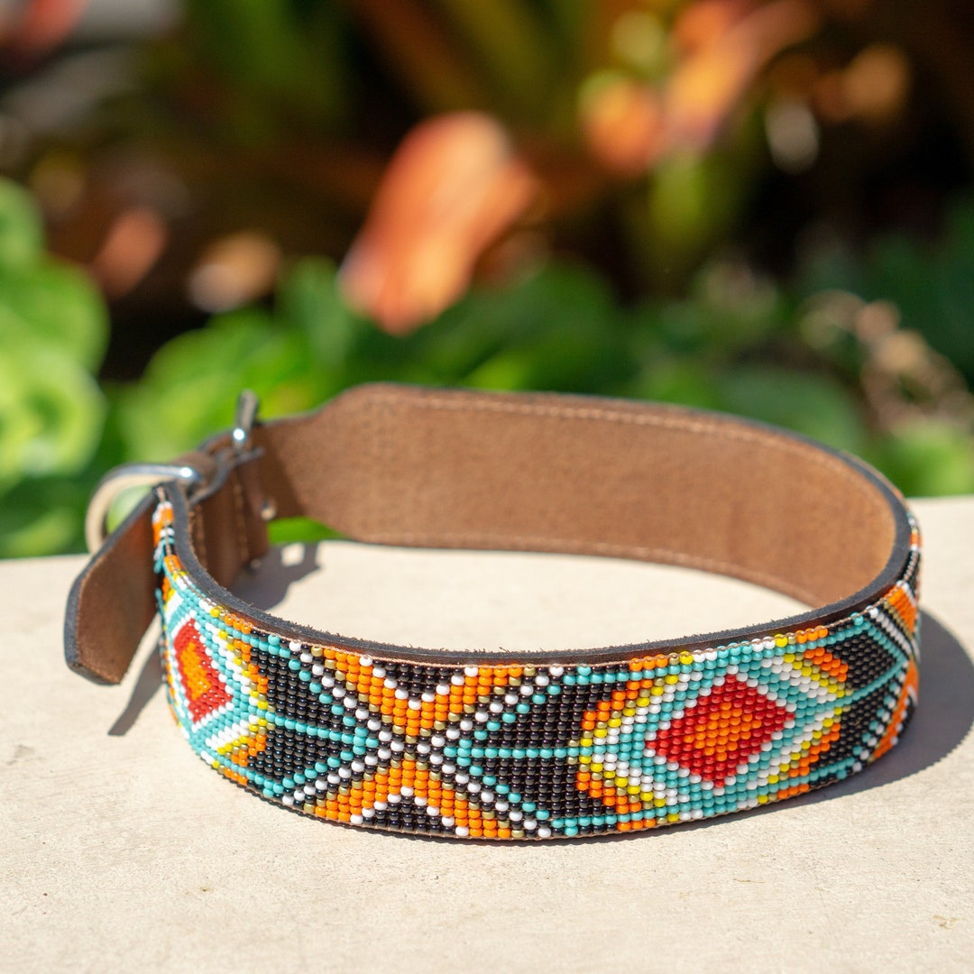 Native Beaded Dog Collar From Brazil in Leather - Etsy