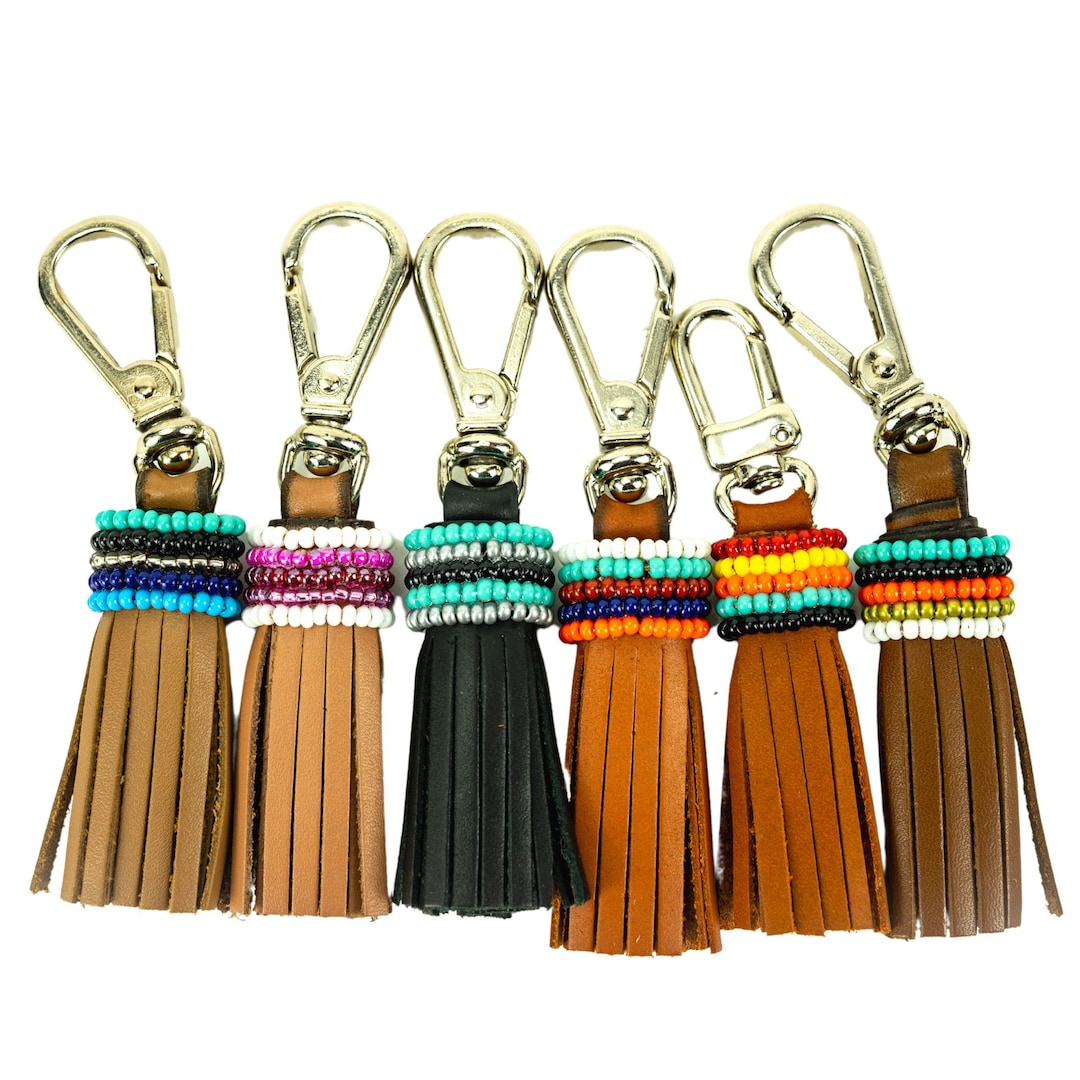 Beaded Leather Tassel Bag Charm: Boho Purse Keychain - Full Grain - Etsy