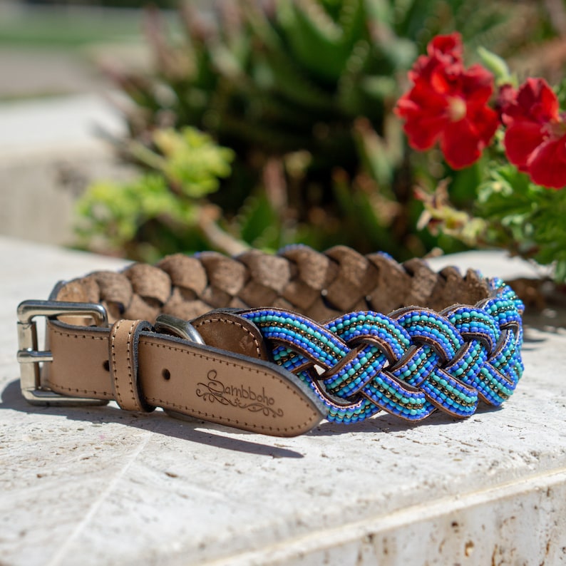 Braided Beaded Leather Dog Collar: Handmade Blue Vogue Design - Etsy