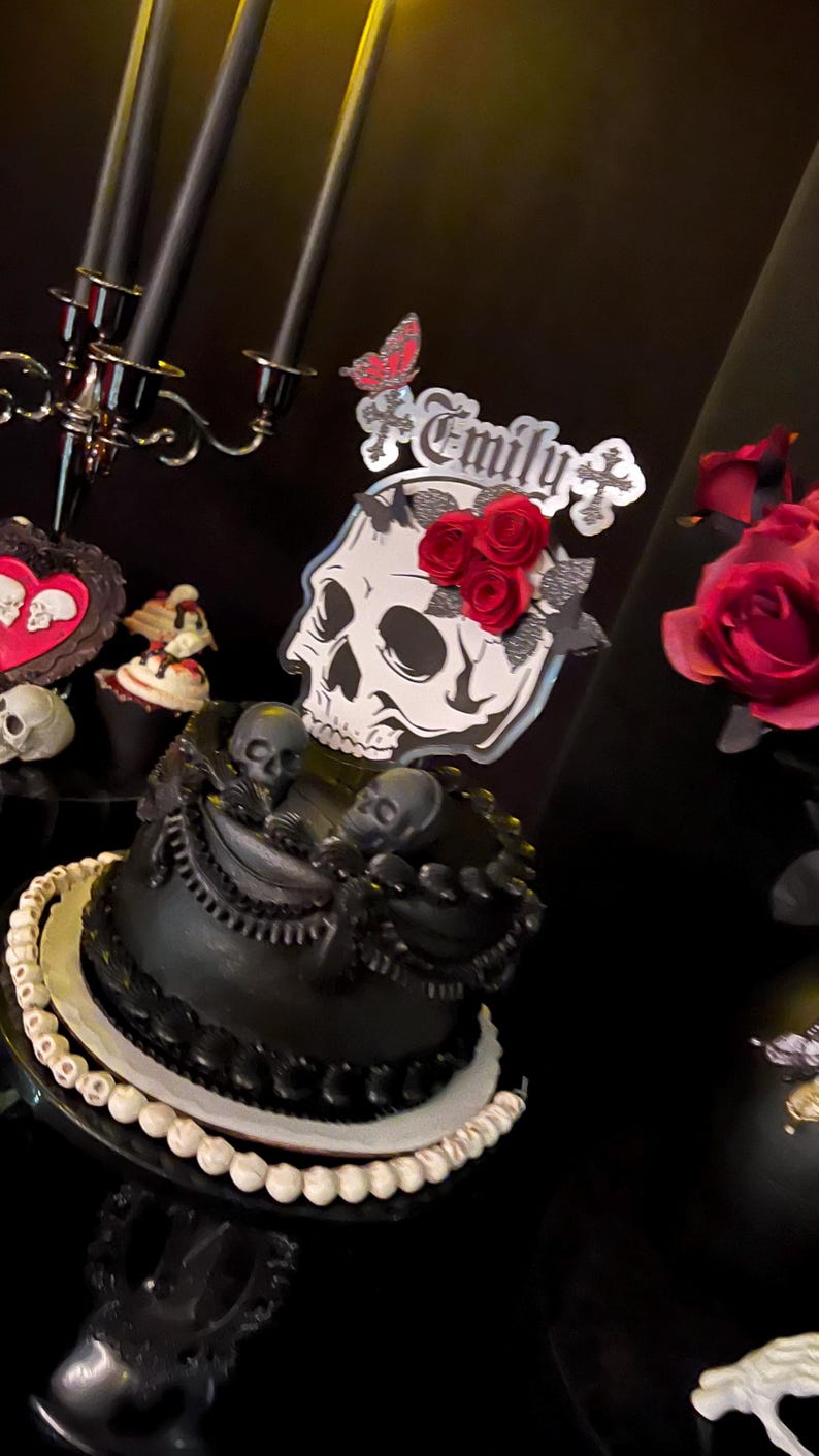 Personalized Gothic Skull Cake Topper | Black Red Roses Party Decor ...