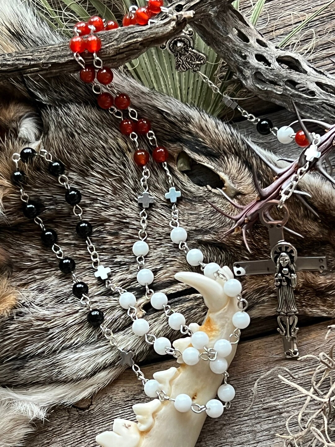 Santa Muerte Rosary With Tricolor Gemstone Beads & Santa Muerte Cross ...