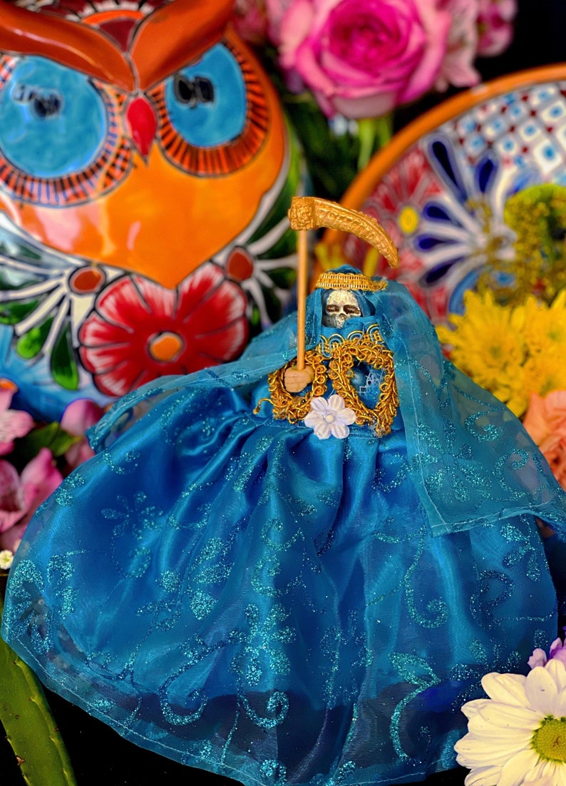 Santa Muerte Azul / Blue Statue With Dress 24K Gold - Etsy