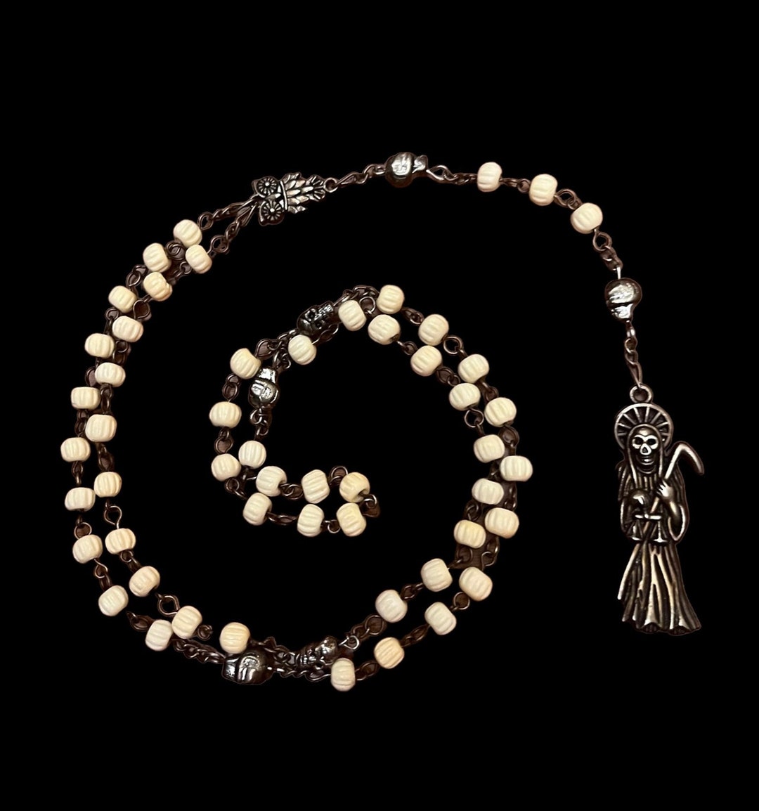 Santa Muerte Bone Bead Rosary Hueso Sterling Silver Plated Chain ...