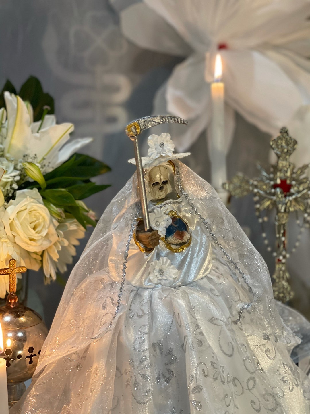 12” Santa Muerte Blanca Statue With Dress + Baptized + Fixed + Purity ...