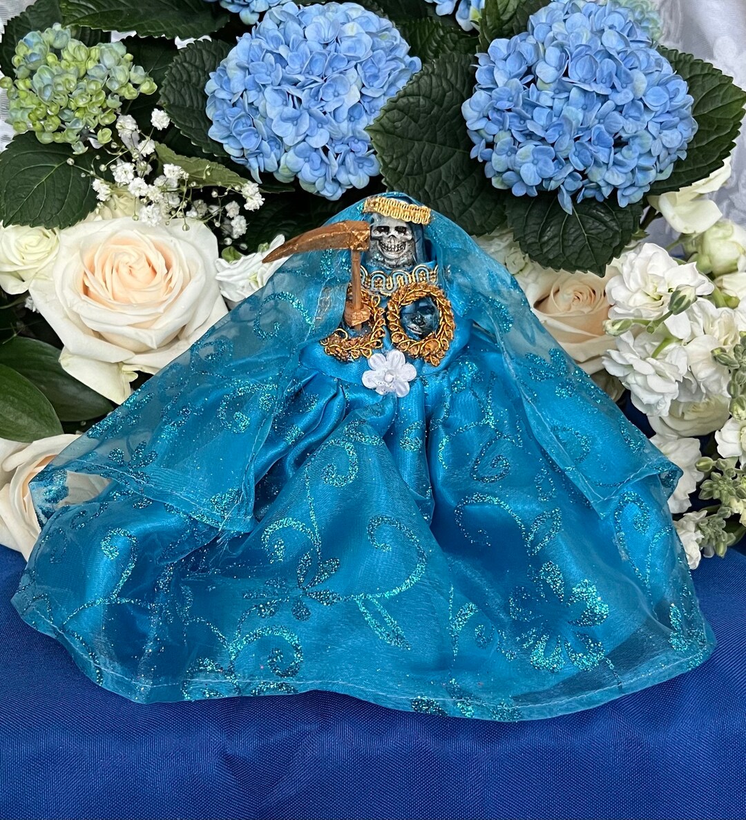 Santa Muerte Azul / Blue Statue With Dress + 24K Gold + Baptized ...