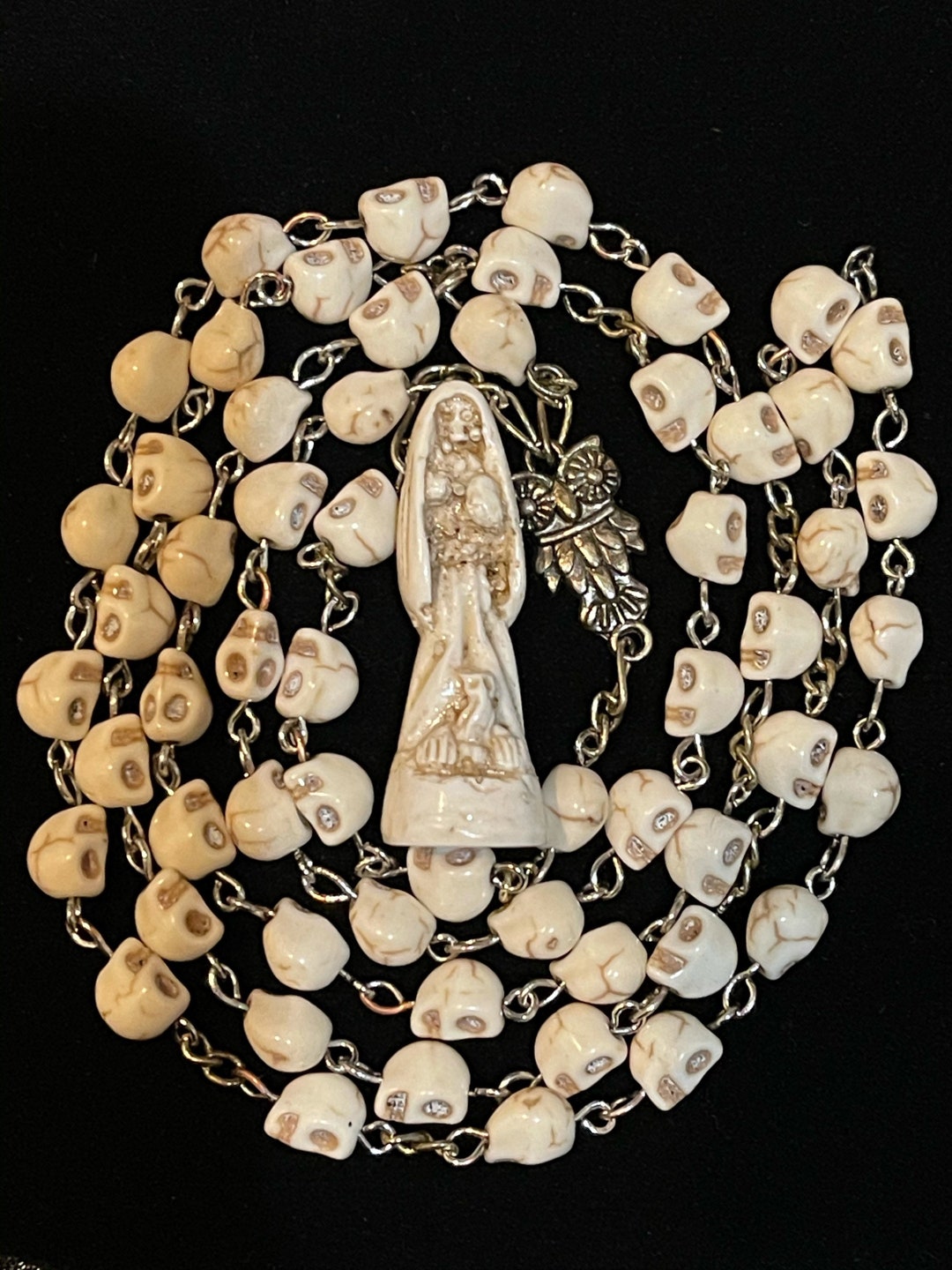 Santa Muerte Hueso (bone) Rosary + Sterling Silver Plated Chain ...