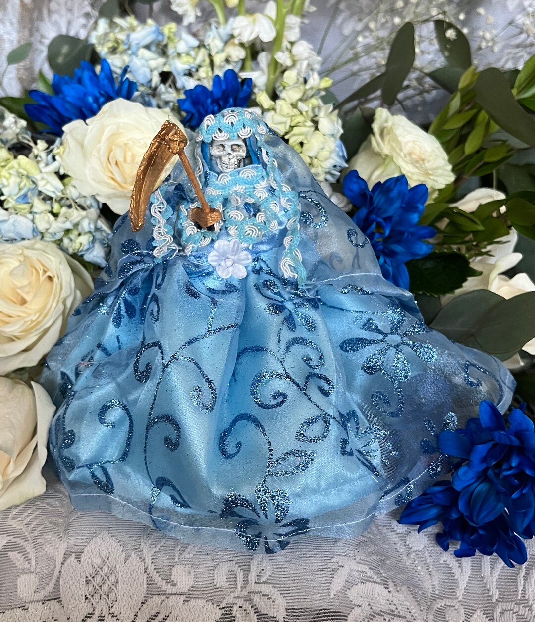 Santa Muerte Azul / Blue Statue With Dress + 24K Gold + Baptized ...