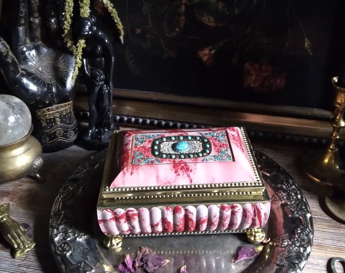 Baroque Vintage Footed Box / Altar Box / Pink & Blue Vintage Tin ...