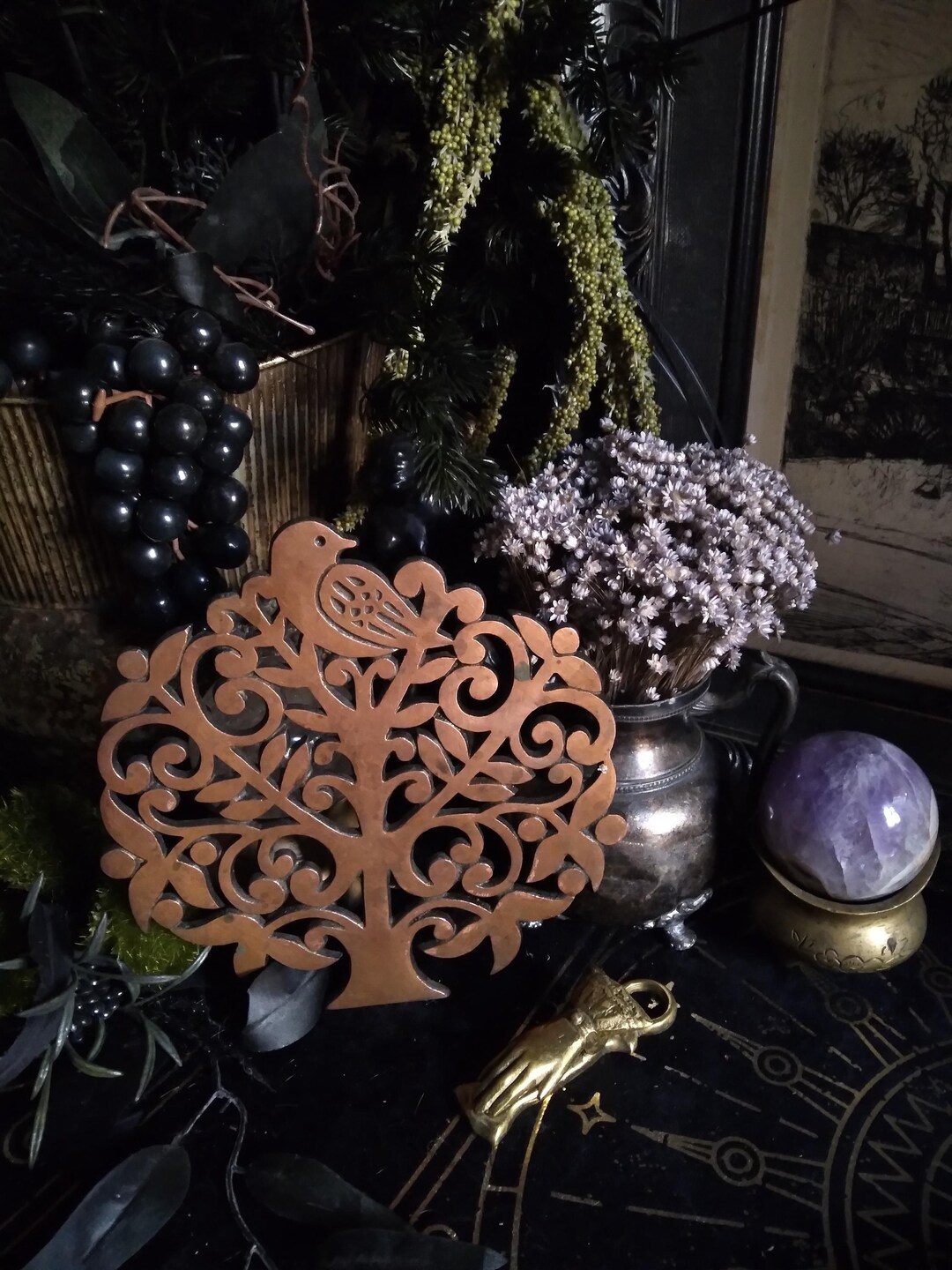 Vintage Copper Trivet / Bird in Tree Cast Iron Trivet / Pot & Pan ...