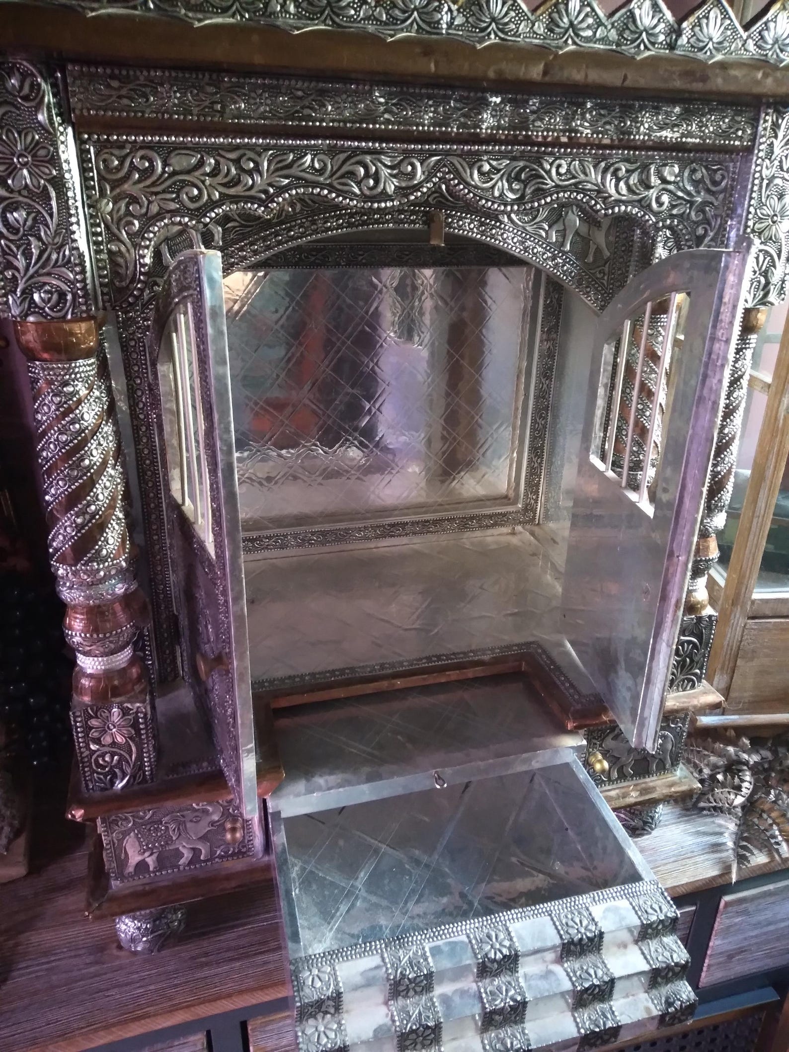 LARGE Vintage Copper Silver & Aluminum Wooden Hindu Temple Shrine ...