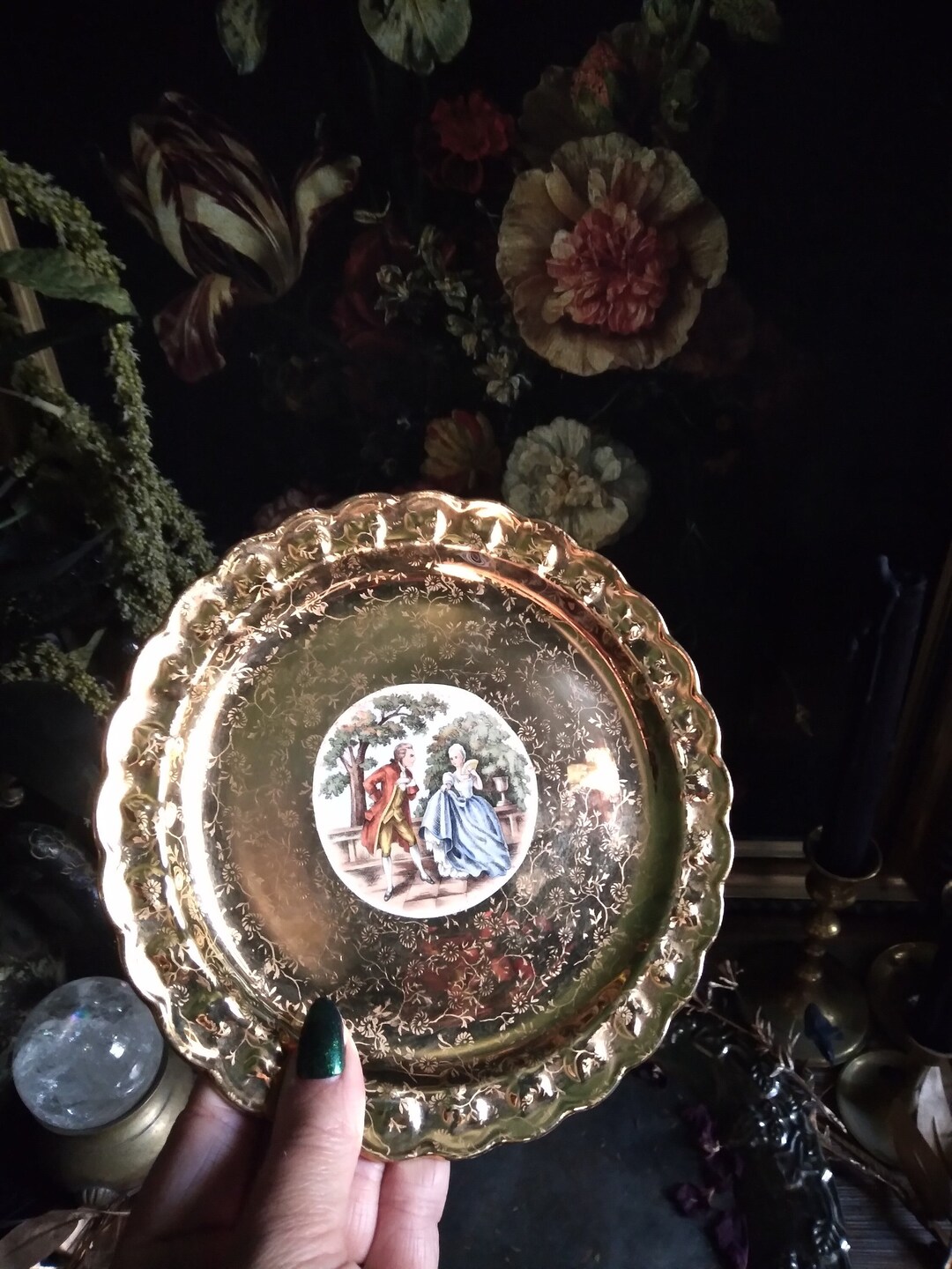 22K Gold Vintage Baroque Offering Dish / Baroque Portrait Floral Gold ...