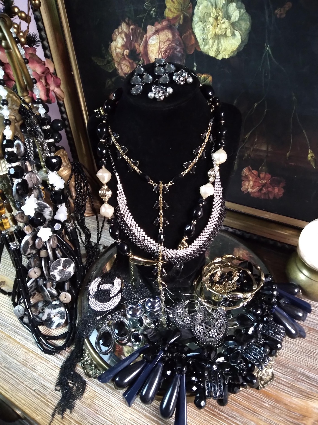 Dark Goddess Black Vintage Jewelry Lot / Beaded Rhinestone Necklace ...