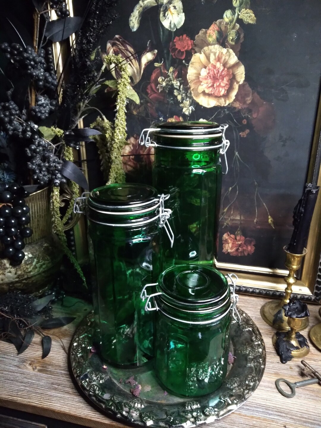 3 Vintage Green Glass Canisters With Wire Bale Closures / Emerald Glass ...