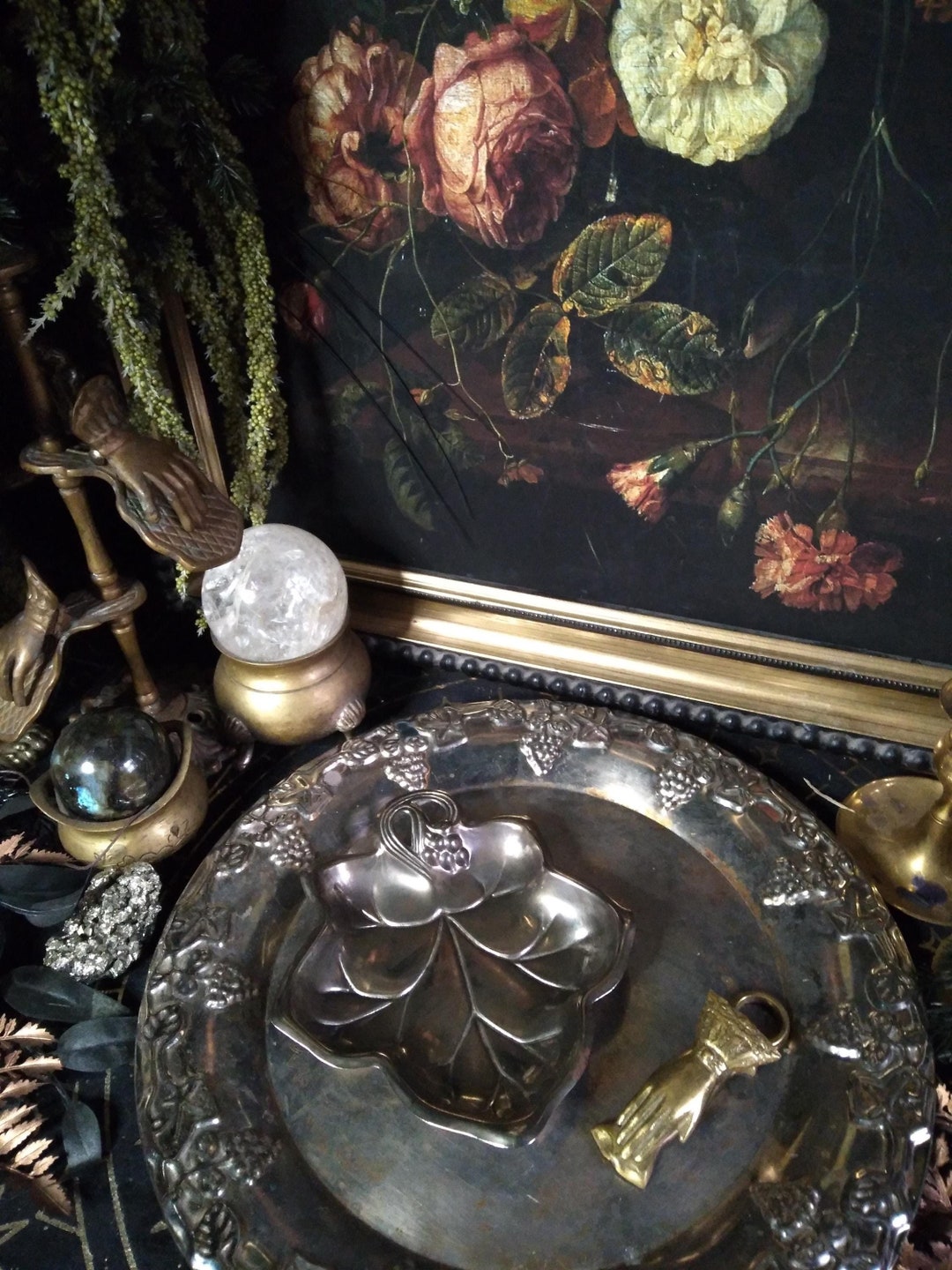 Vintage Silver Gothic Ritual Altar Dish / Leaf Offering Dish / Dryad ...