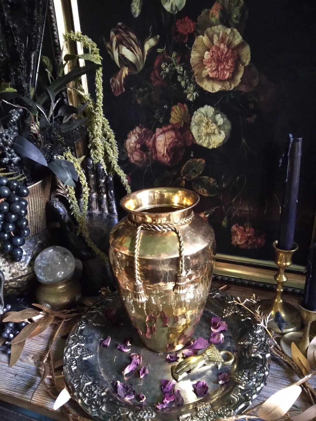 Vintage Opulent Hammered Brass Vase With Rope Tassel Detail / Altar ...